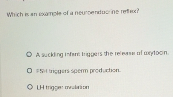Solved: Which is an example of a neuroendocrine reflex? A suckling ...
