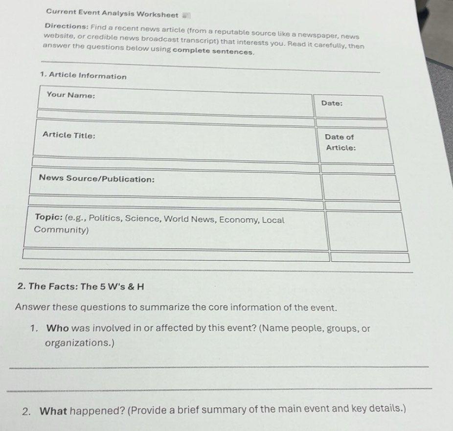 Solved: Current Event Analysis Worksheet Directions: Find a recent news ...