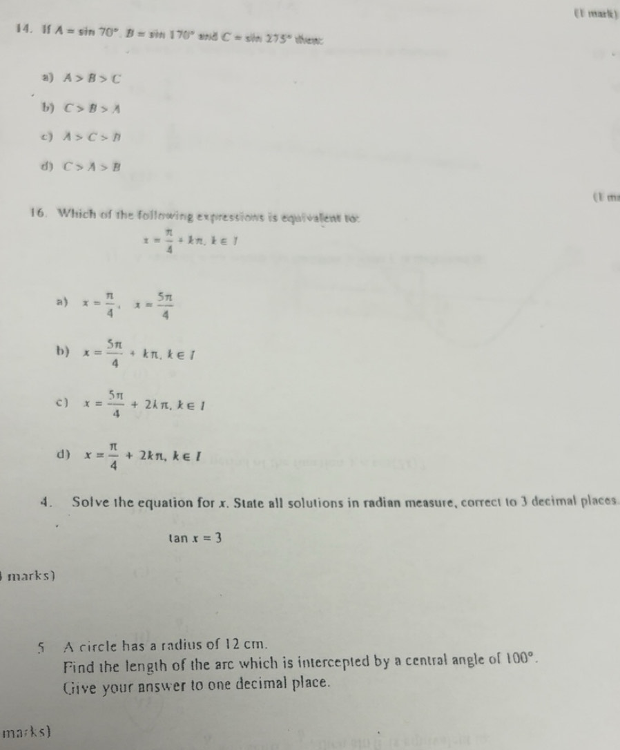 Solved: 1f A=sin 70°. B=sin 170° zhǎ C=sin 275° a) A>B>C b) C>B>A c) A ...