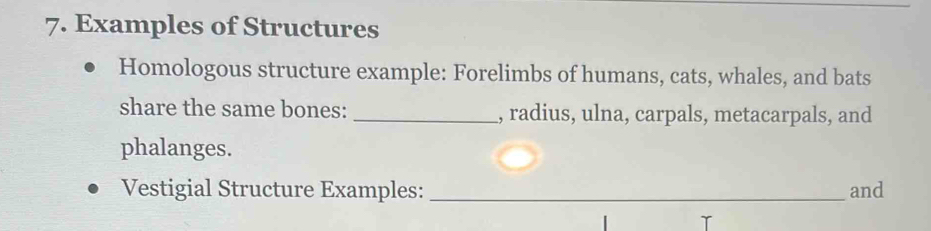 Solved: Examples of Structures Homologous structure example: Forelimbs ...