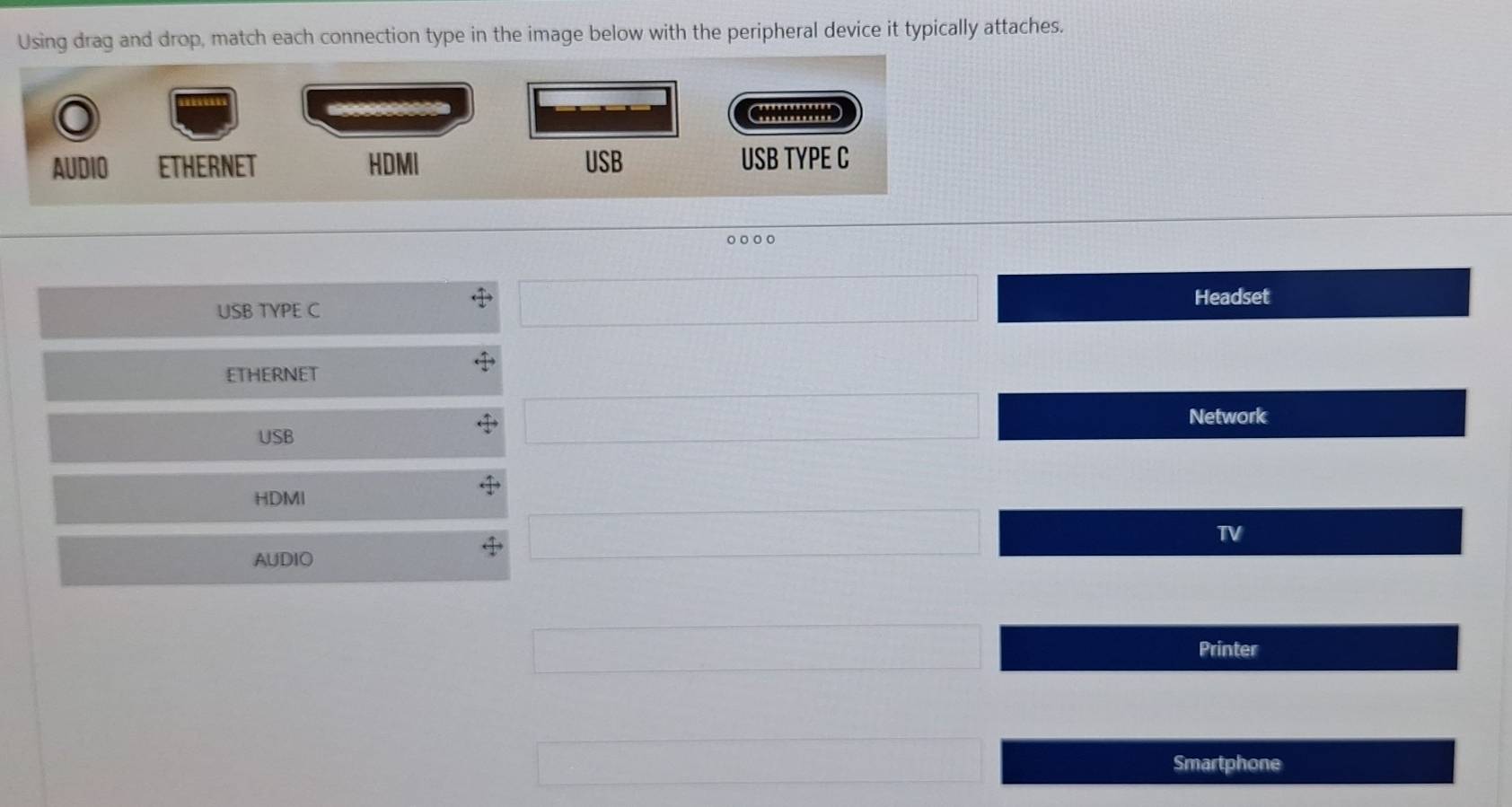 Solved: Using drag and drop, match each connection type in the image below with the peripheral ...