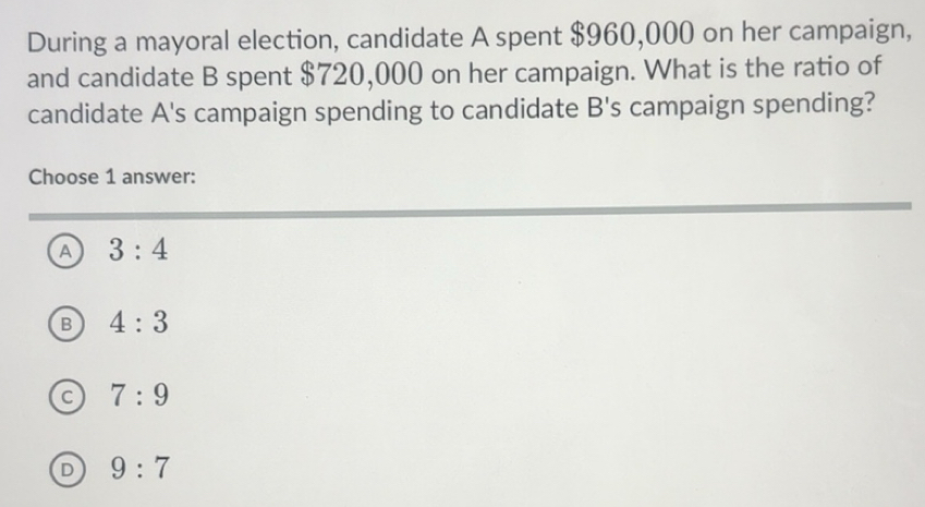 Solved: During a mayoral election, candidate A spent $960,000 on her ...