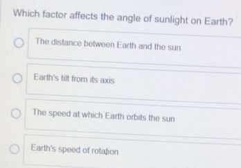 Solved: Which factor affects the angle of sunlight on Earth? The ...