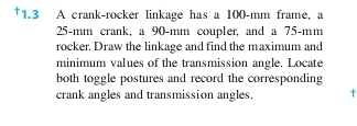 Solved: 1.3 A crank-rocker linkage has a 100-mm frame, a 25-mm crank, a ...