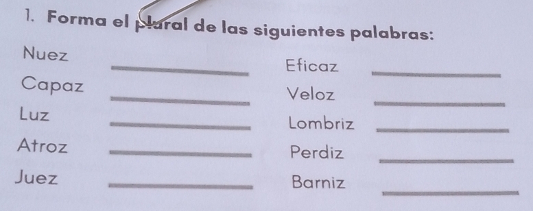 Resuelto:Forma el plural de las siguientes palabras: Nuez _Eficaz_ ...