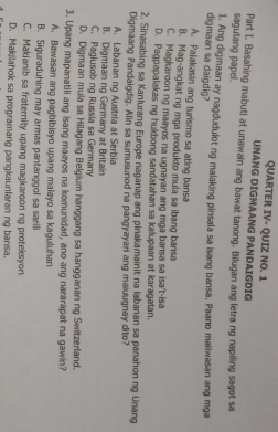 Solved: QUARTER IV- QUIZ NO. 1 UNANG DIGMAANG PANDAIGDIG Part I ...