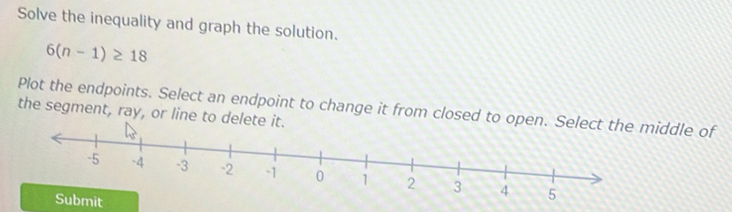 Solved: Solve the inequality and graph the solution. 6(n-1)≥ 18 Plot ...