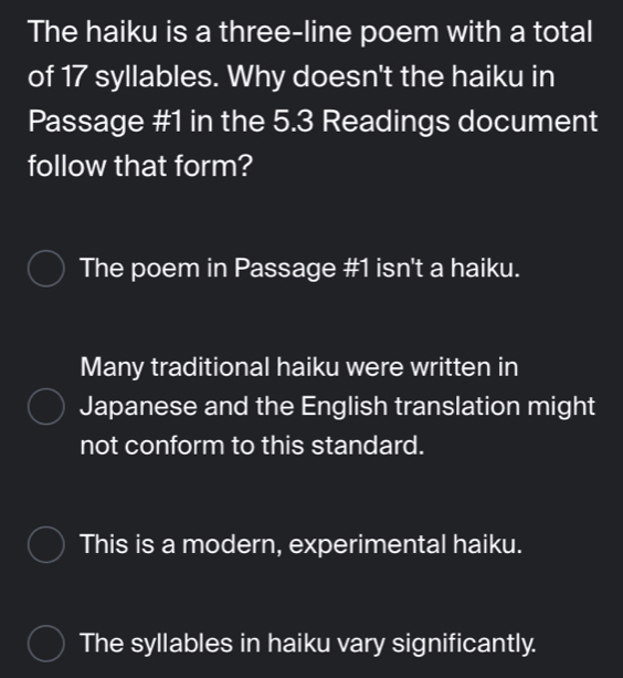 Solved: The haiku is a three-line poem with a total of 17 syllables ...