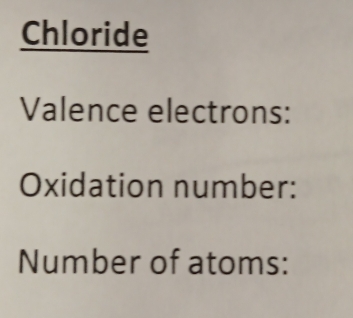 Solved: Chloride Valence electrons: Oxidation number: Number of atoms: [Chemistry]