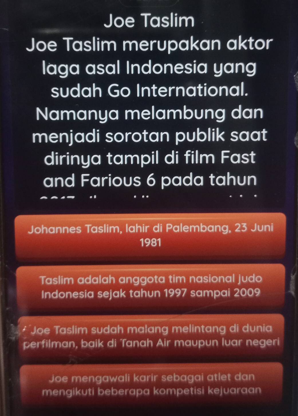 Telah dijawab:Joe Taslim Joe Taslim merupakan aktor Iaga asal Indonesia ...