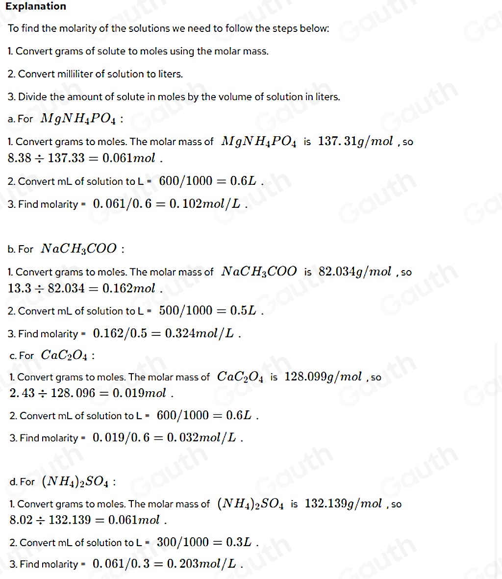 Solved: For each of the following solutions, calculate the molarity of ...