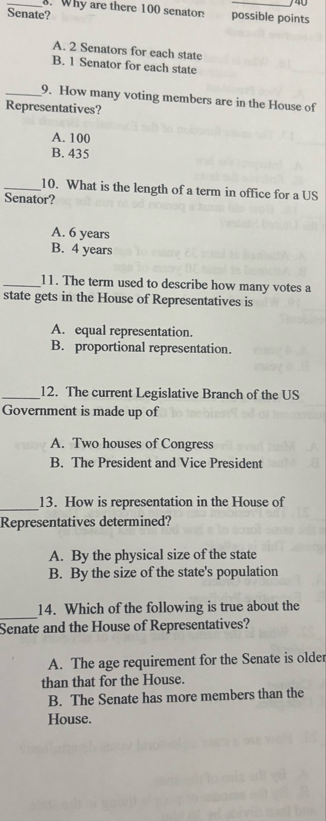 Solved: 40 _8. Why are there 100 senators possible points Senate? A. 2 ...