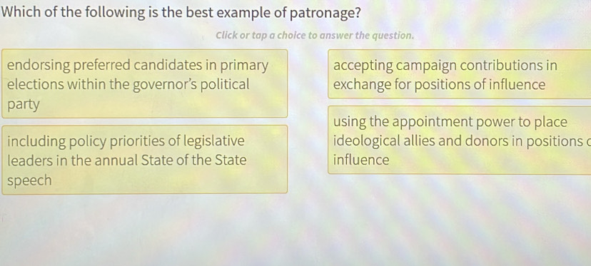 Solved: Which of the following is the best example of patronage? Click ...