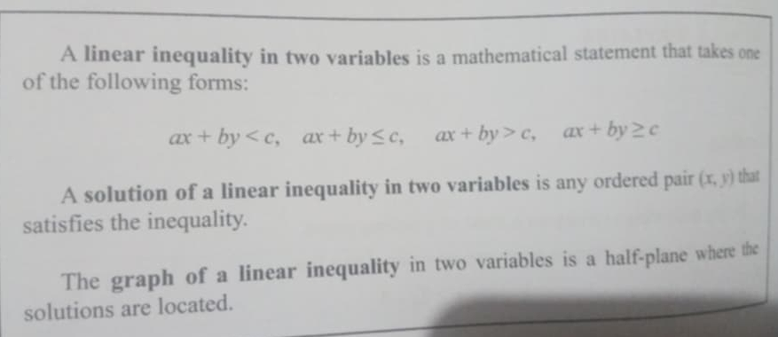 Solved: A linear inequality in two variables is a mathematical ...