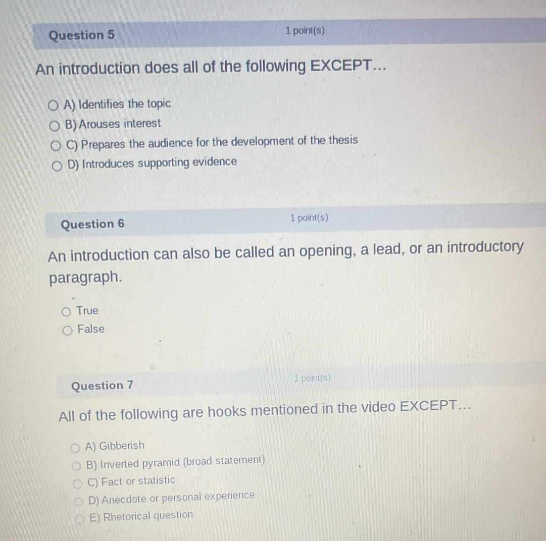 Solved: point(s) An introduction does all of the following EXCEPT... A ...