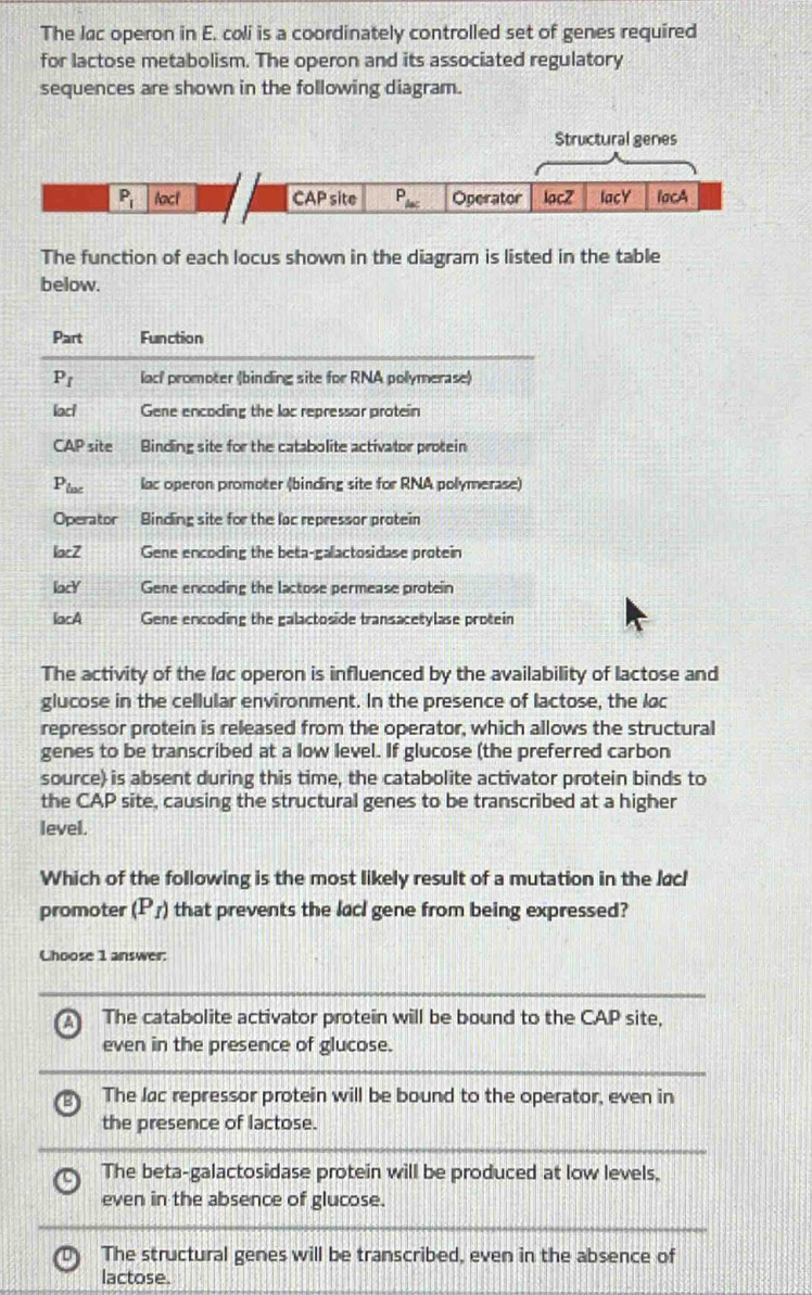 Solved: The lac operon in E. coli is a coordinately controlled set of ...