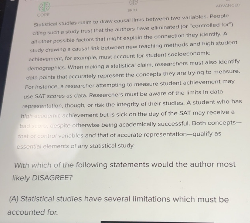 Solved: SKILL ADVANCED CORE Statistical studies claim to draw causal ...