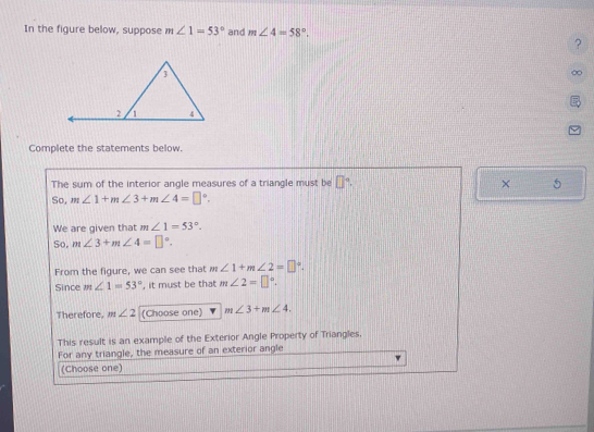 Solved: In the figure below, suppose m∠ 1=53° and m∠ 4=58°. ? Complete ...