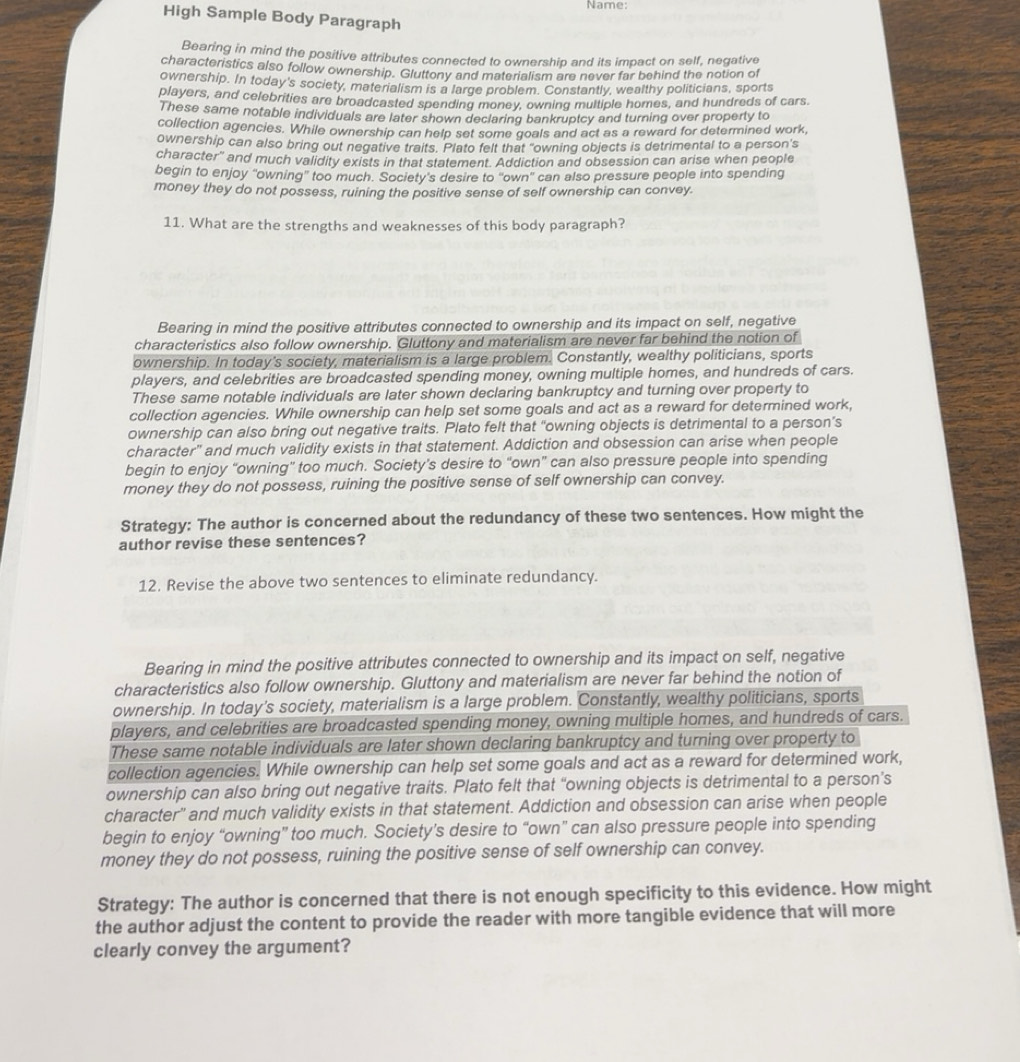 Solved: Name: High Sample Body Paragraph Bearing in mind the positive ...