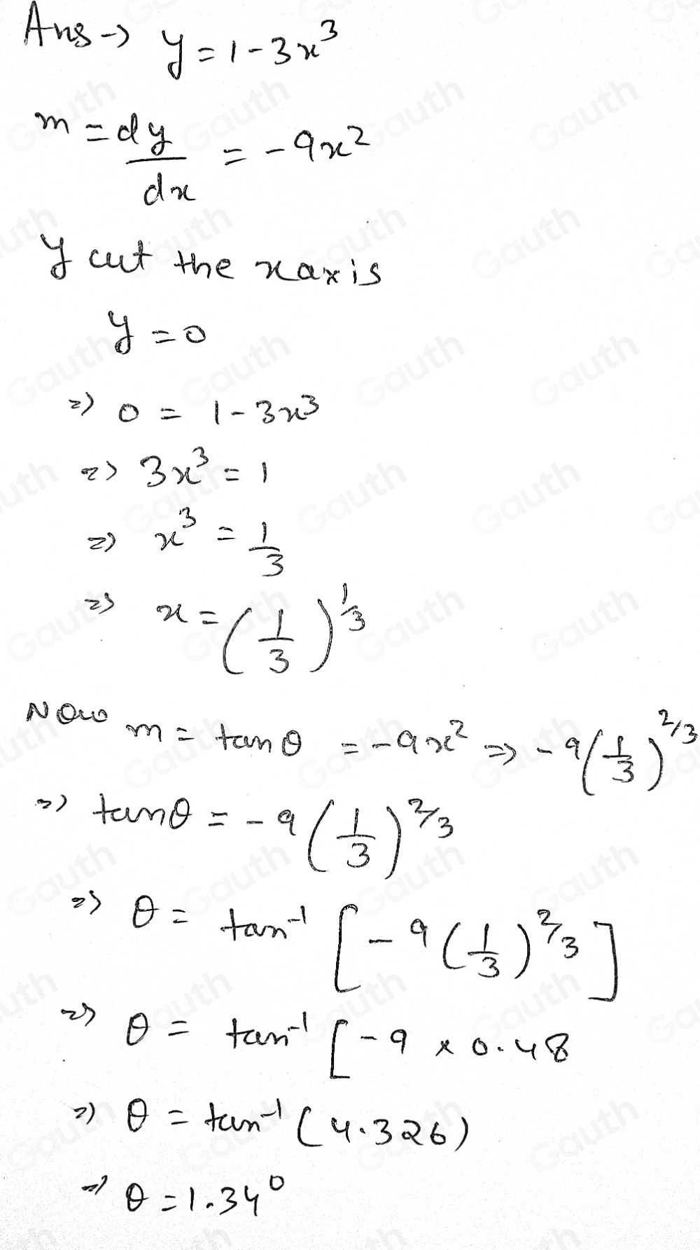 Solved: Situation 4. Find the acute angle that the curve y=1-3x^3 cut ...