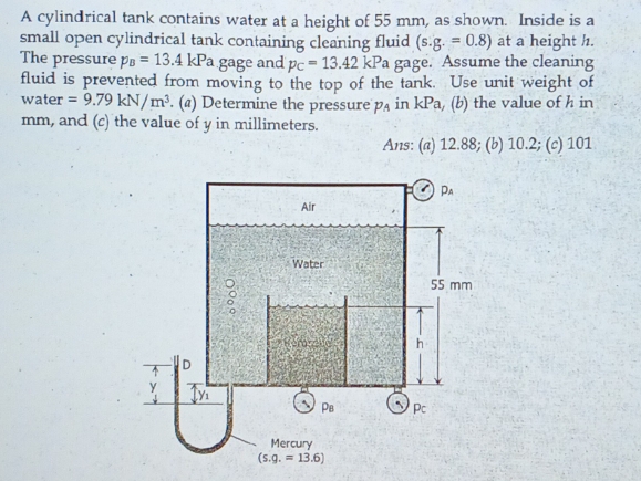 Solved: A cylindrical tank contains water at a height of 55 mm, as shown. Inside is a small open ...
