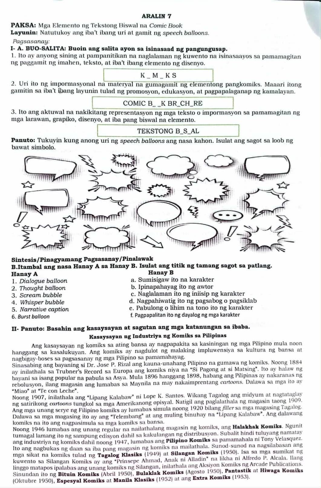 Solved: ARALIN 7 PAKSA: Mga Elemento ng Tekstong Biswal na Comic Book ...