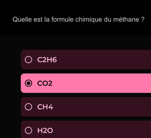Résolu :Quelle est la formule chimique du méthane ? C2H6 CO2 CH4 H2O
