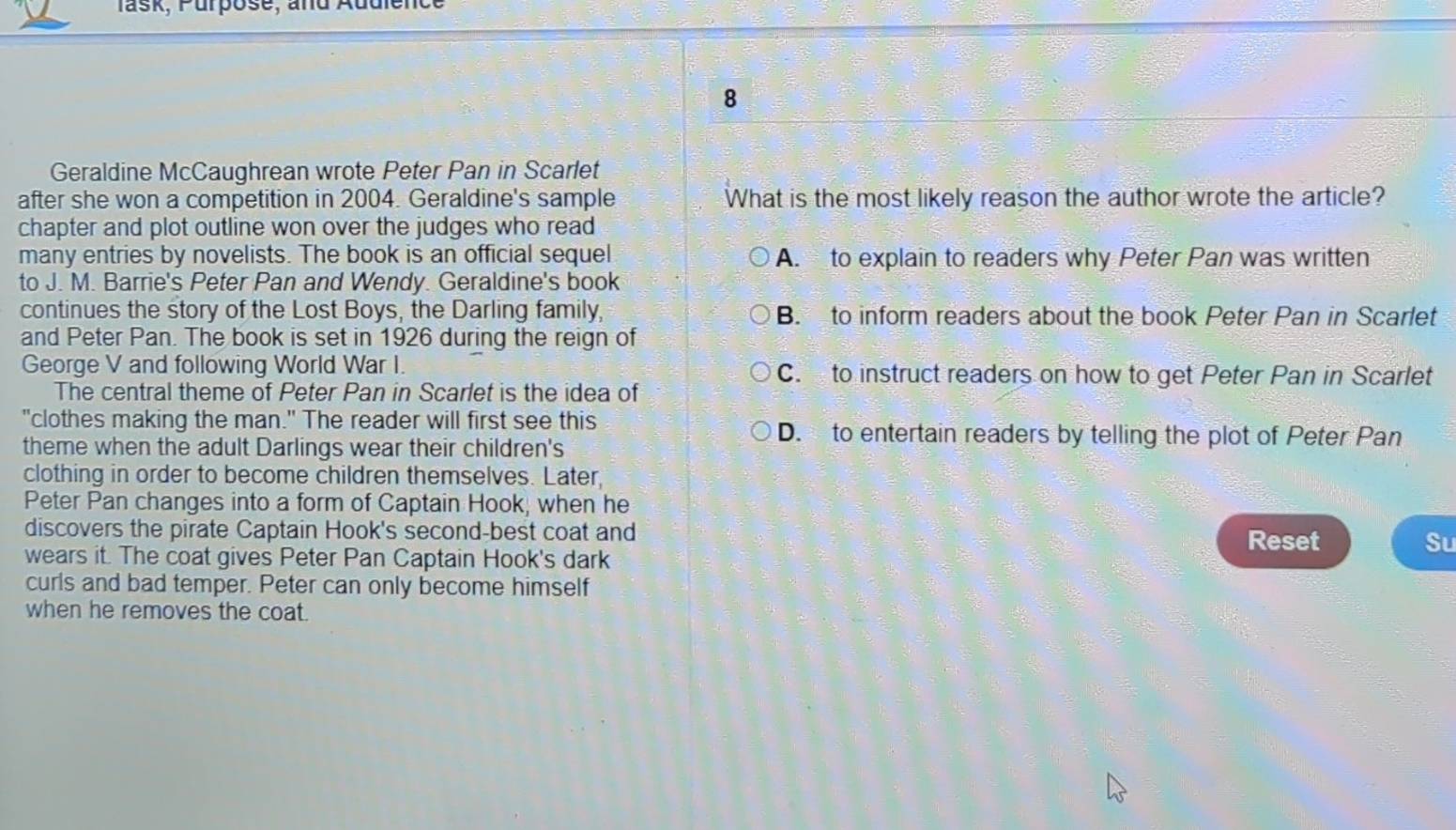 Solved: fašk, Purpose, and Audlen 8 Geraldine McCaughrean wrote Peter ...