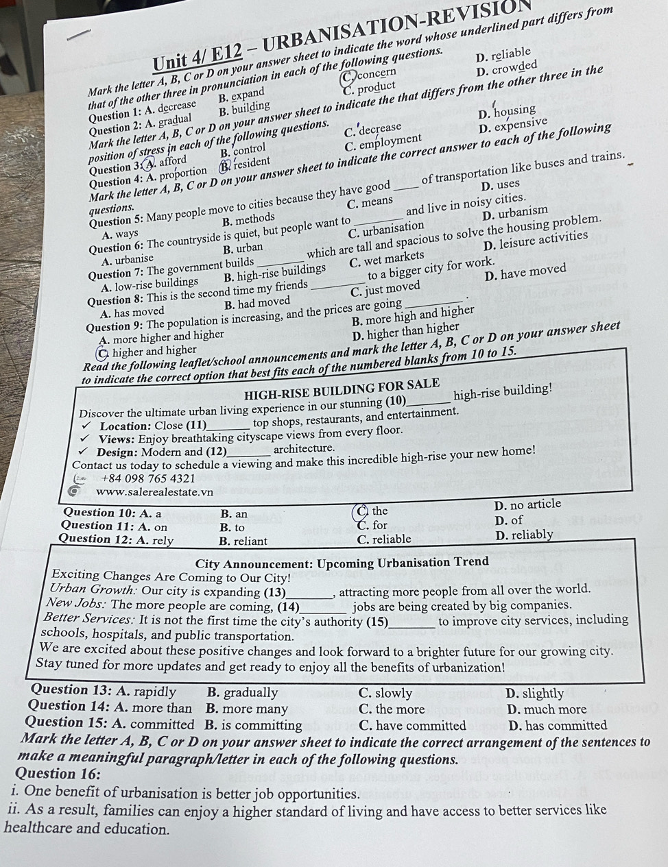Giải quyết:Unit 4/ E12 - URBANISATION-REVISION Mark the letter A, B, C ...