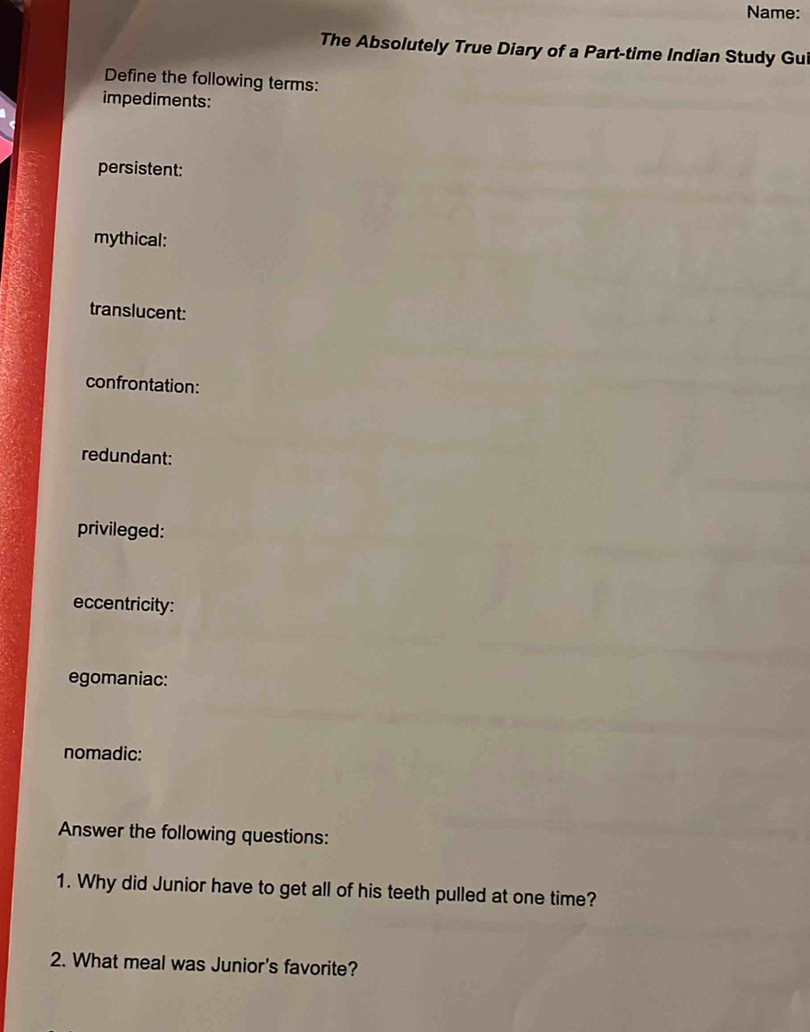 Solved: Name: The Absolutely True Diary of a Part-time Indian Study Gui ...