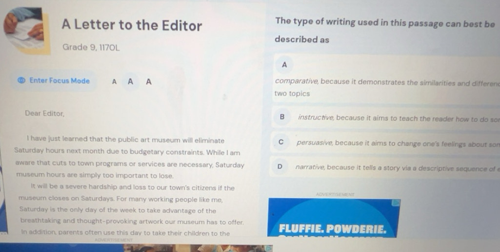Solved: A Letter to the Editor The type of writing used in this passage ...