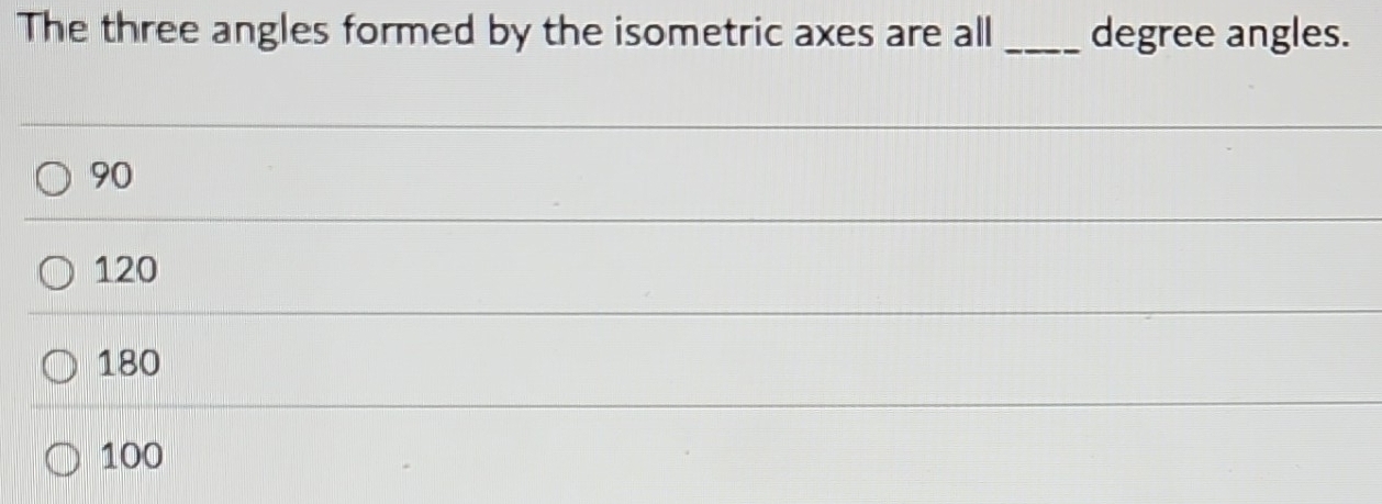 Solved: The three angles formed by the isometric axes are all _degree ...
