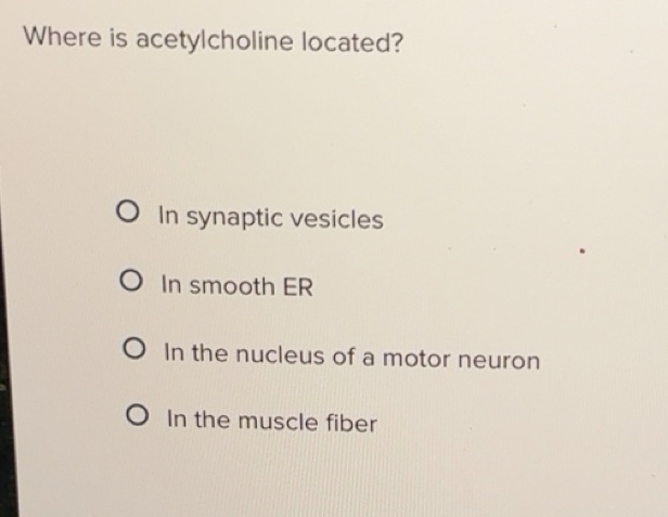 Solved: Where is acetylcholine located? In synaptic vesicles In smooth ...