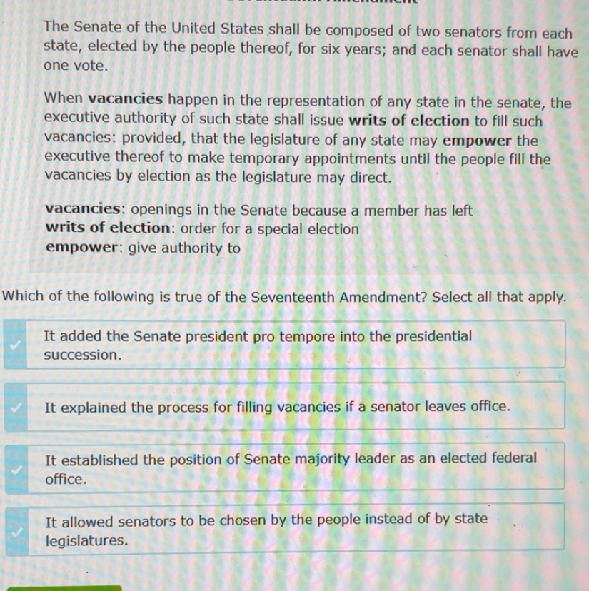Solved: The Senate of the United States shall be composed of two ...
