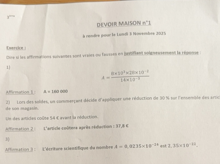 Résolu :3^(tme) DEVOIR MAISON n°1 à rendre pour le Lundi 3 Novembre 2025 Exercice : Dire si le