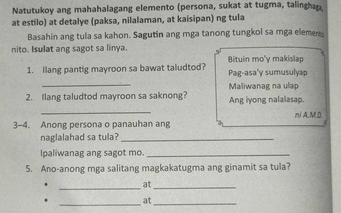 Solved: Natutukoy ang mahahalagang elemento (persona, sukat at tugma ...