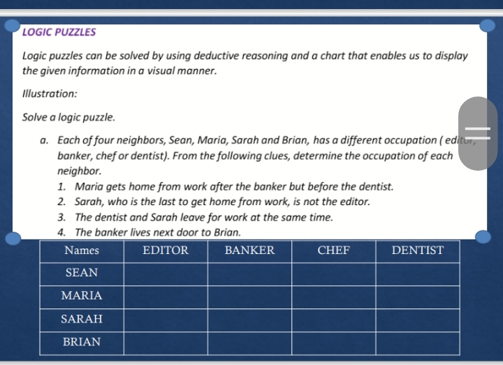 Solved: LOGIC PUZZLES Logic puzzles can be solved by using deductive ...