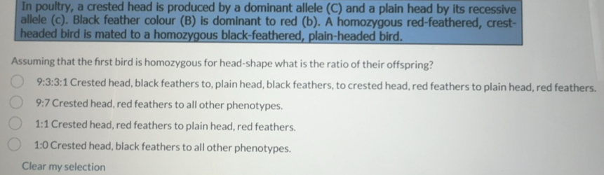 Solved: In poultry, a crested head is produced by a dominant allele (C ...