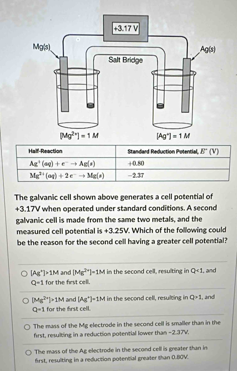 Solved: The galvanic cell shown above generates a cell potential of +3 ...