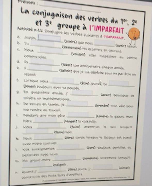 Solved: Prénom : _ La conjugaison des verbes du 1^(er), 2^e et 3^e ...