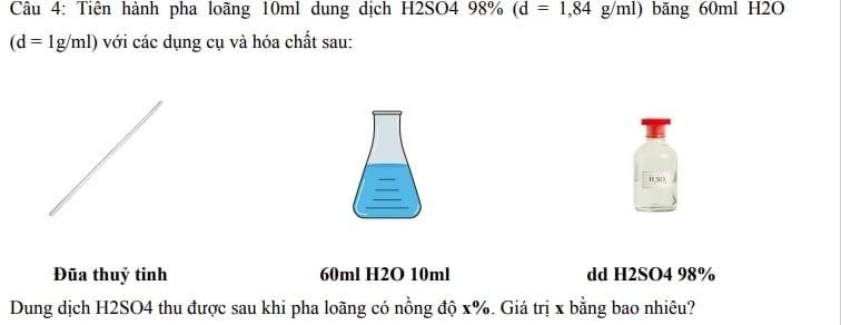 Giải quyết:Tiên hành pha loãng 10ml dung dịch H2SO4 98% (d=1,84g/ml ...