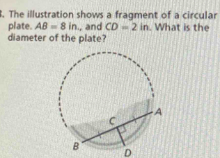 The illustration shows a fragment of a circular plate. AB=8in., and CD ...