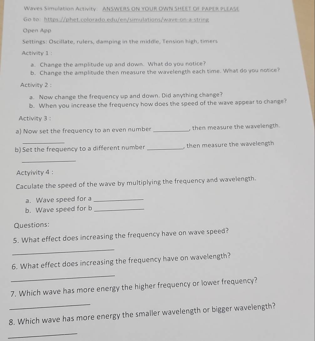 Solved: Waves Simulation Activity: ANSWERS ON YOUR OWN SHEET OF PAPER ...