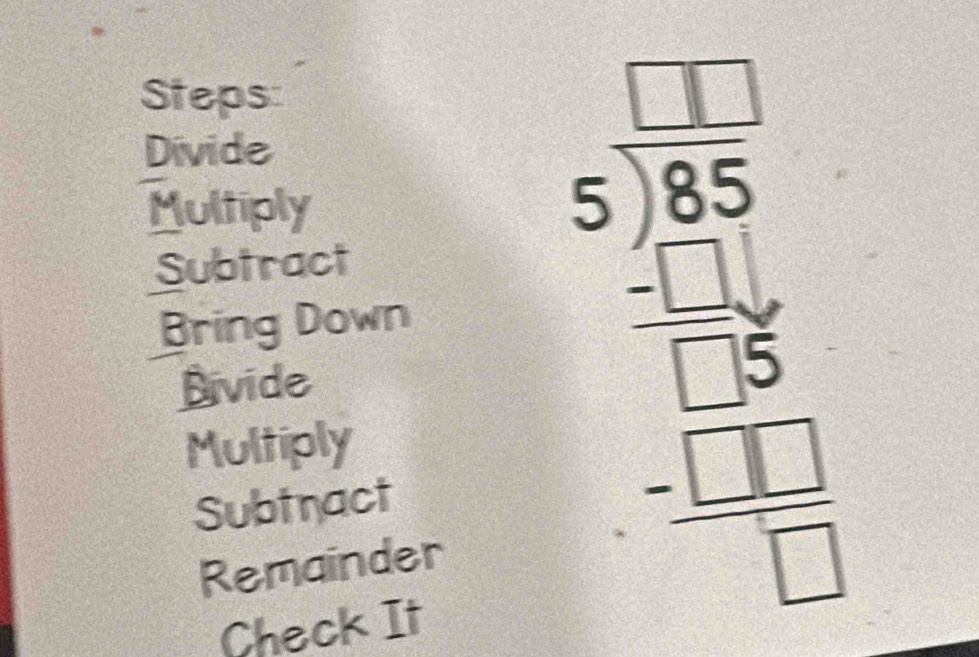Solved: Steps Divide Multiply Subtract Bring Down Bivide Multiply ...