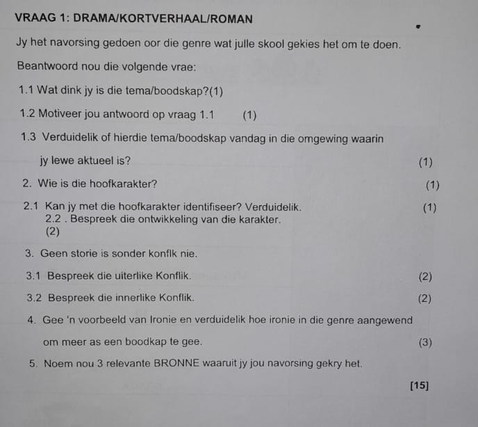 Solved: VRAAG 1: DRAMA/KORTVERHAAL/ROMAN Jy het navorsing gedoen oor ...