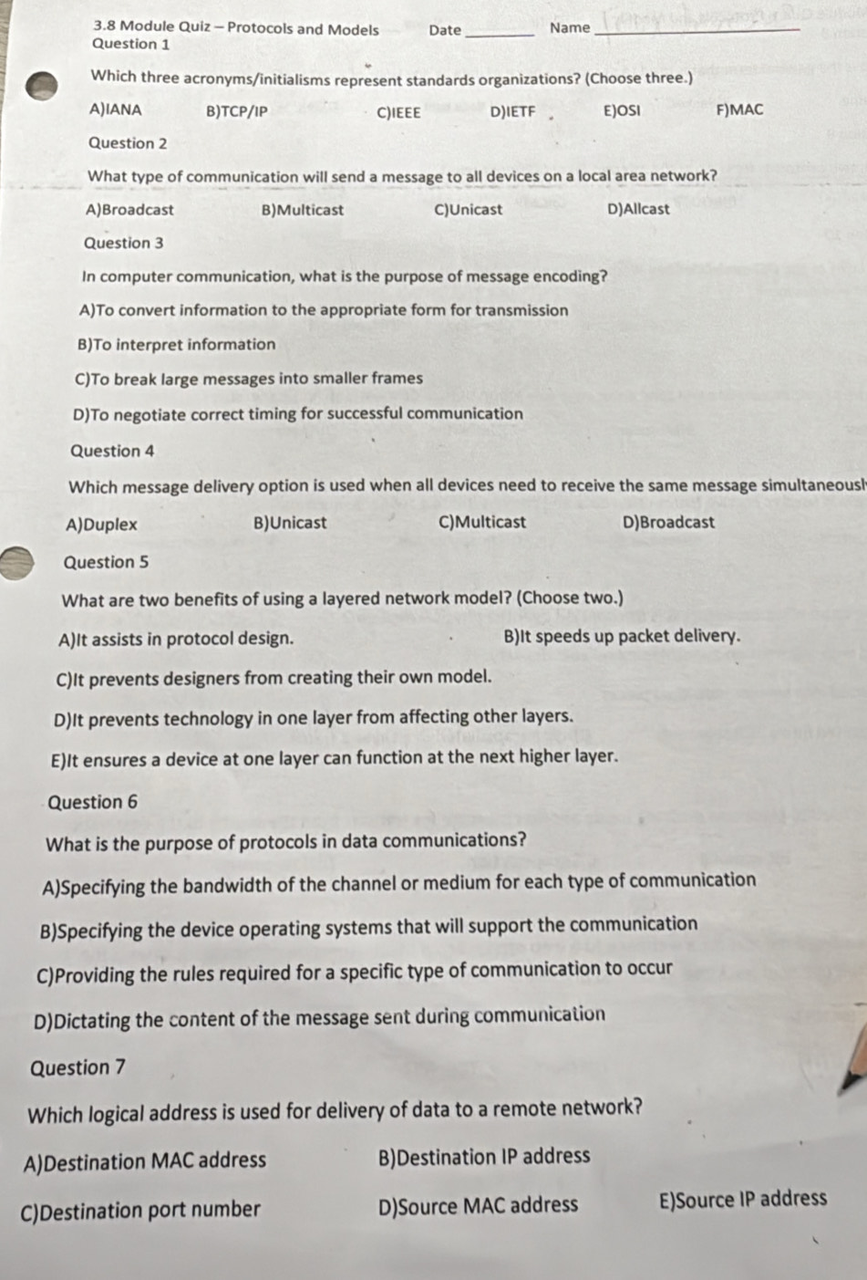 Solved: 3.8 Module Quiz - Protocols and Models Date Name_ Question 1 Which three acronyms ...