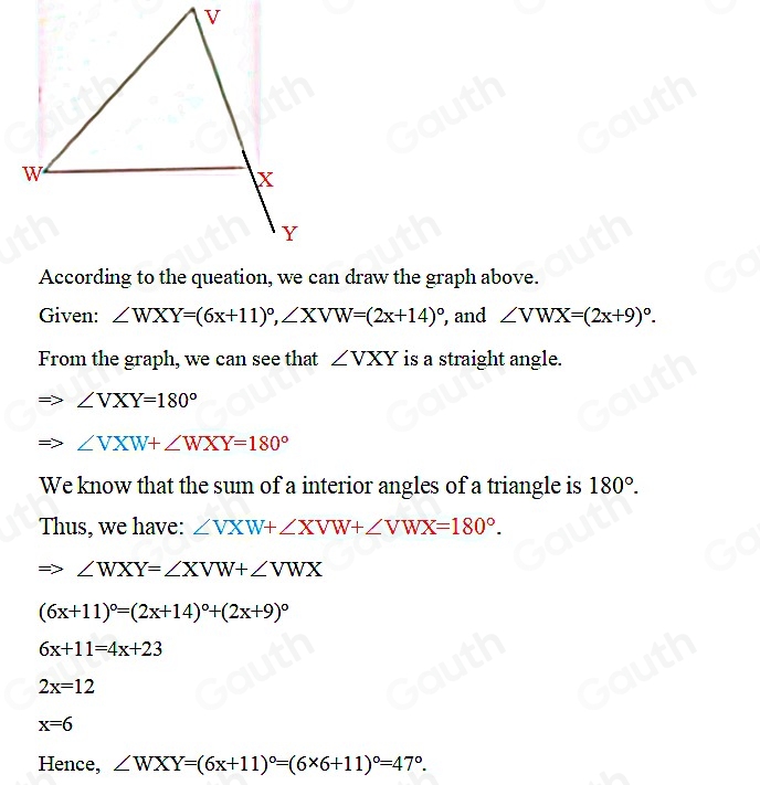 Solved: In VWX, overline VX is extended through point X to point Y, m∠ ...