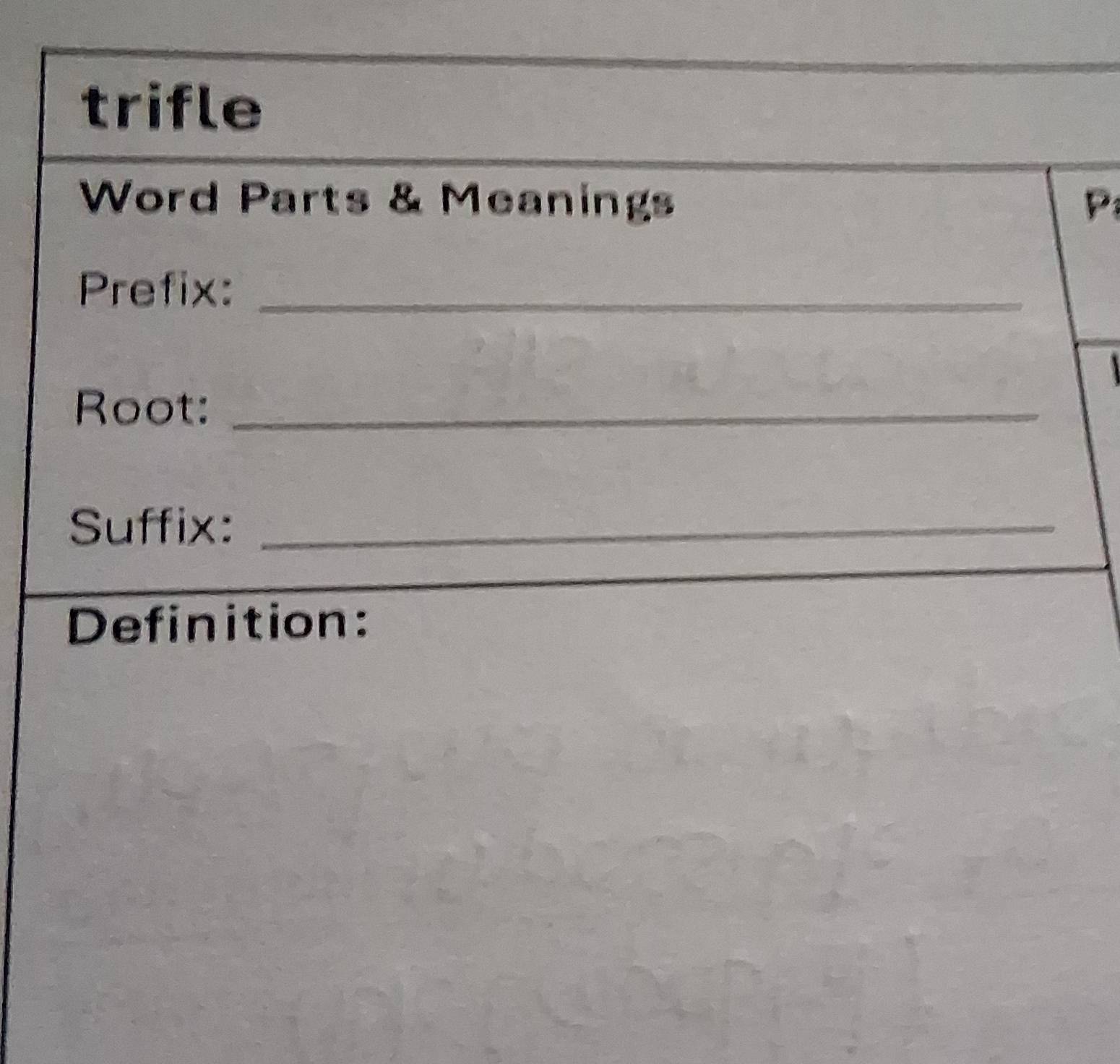 Solved: trifle Word Parts & Meanings P Prefix:_ Root:_ Suffix ...