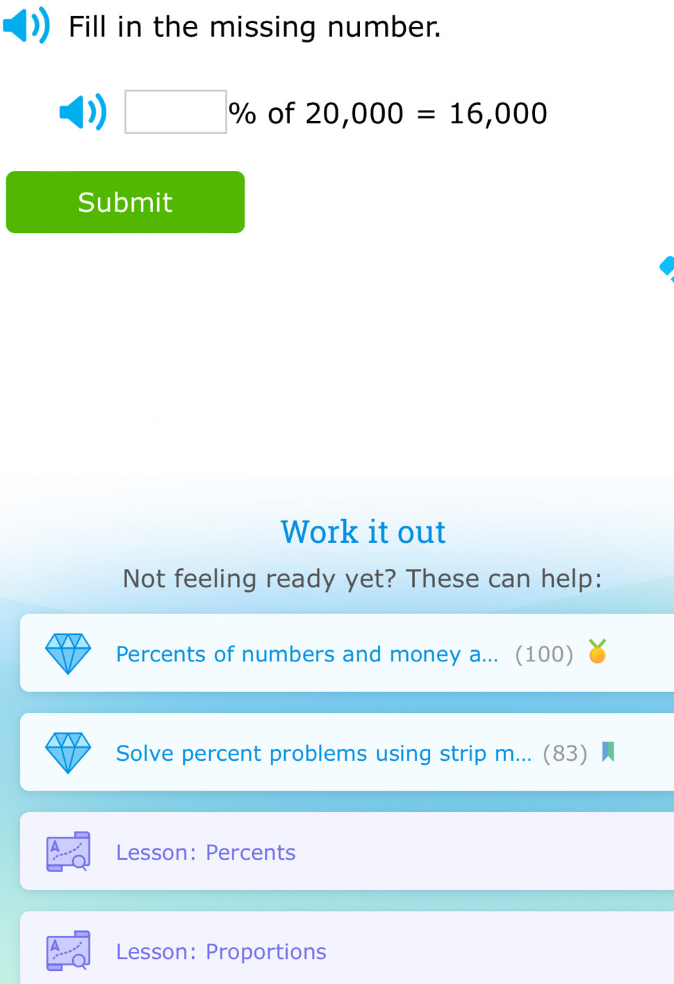 Solved: Fill in the missing number. % of 20,000=16,000 Submit Work it ...