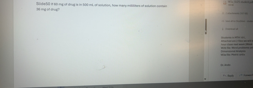 Solved: W3a SU25 student.pd Slide50 If 60 mg of drug is in 500 mL of ...